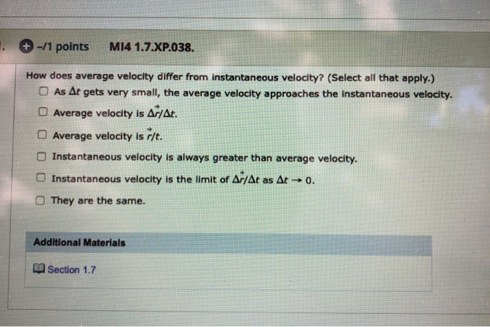 Solved +-/1 points M4 1.7.ХP.038. How does average velocity | Chegg.com