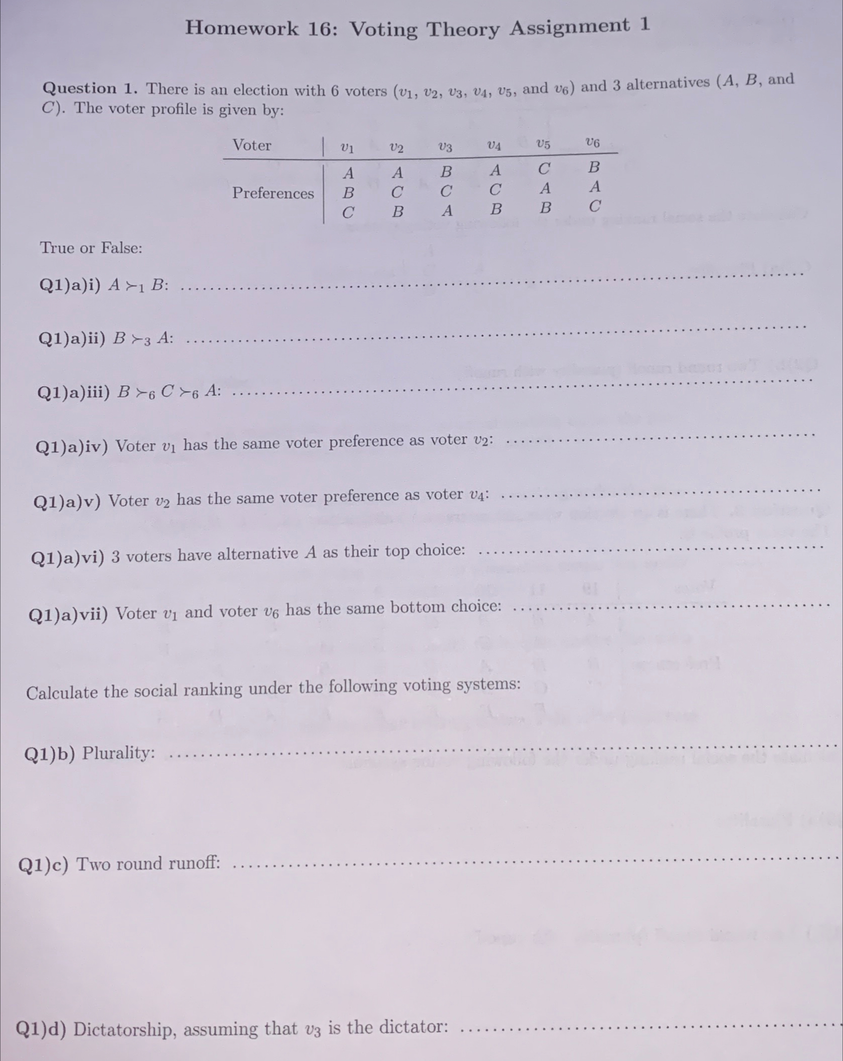 Solved Homework 16: Voting Theory Assignment 1Question 1. | Chegg.com