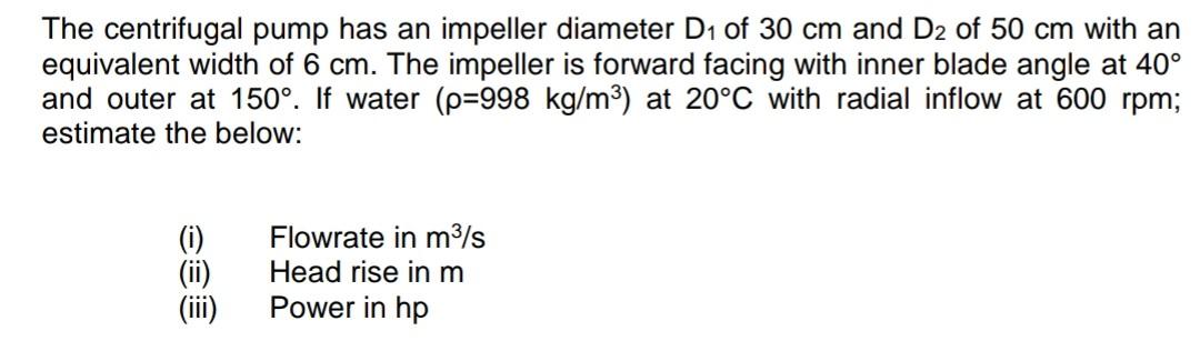 Solved The centrifugal pump has an impeller diameter D1 of | Chegg.com