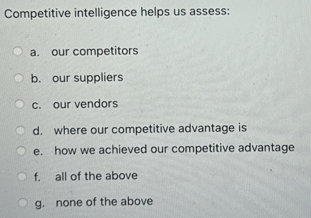 Solved Competitive intelligence helps us assess:a. ﻿our | Chegg.com
