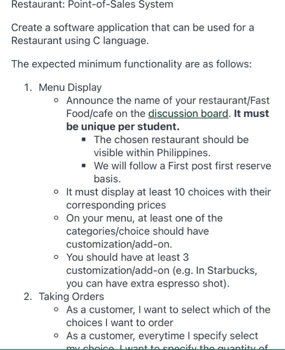 Solved Restaurant: Point-of-Sales System Create a software | Chegg.com