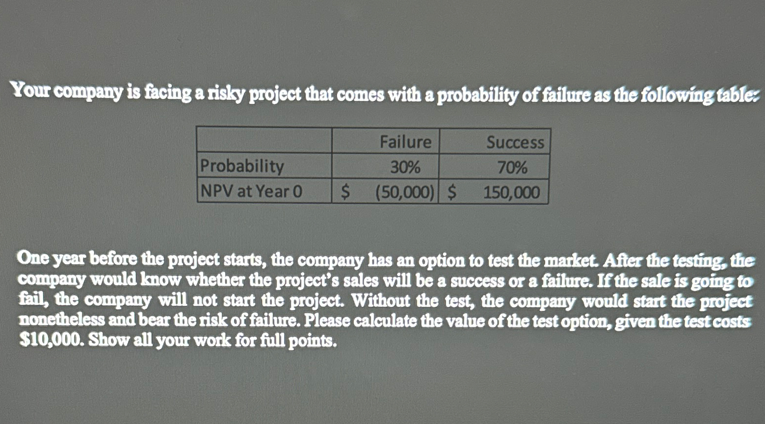 Solved Your company is facing a risky project that comes | Chegg.com