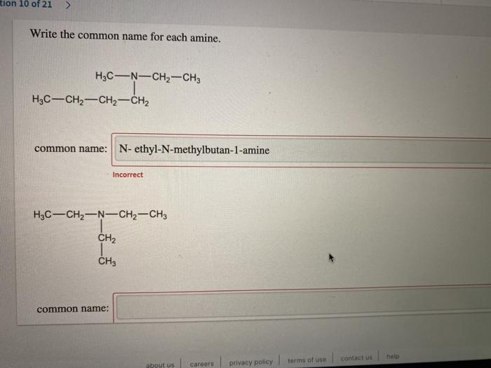 Solved tion 10 of 21 Write the common name for each amine. | Chegg.com