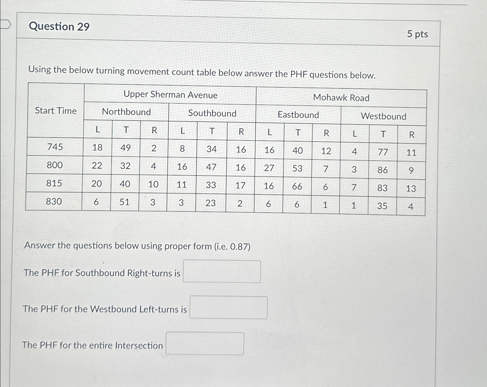 Solved Question 295ptsUsing the below turning movement count | Chegg.com