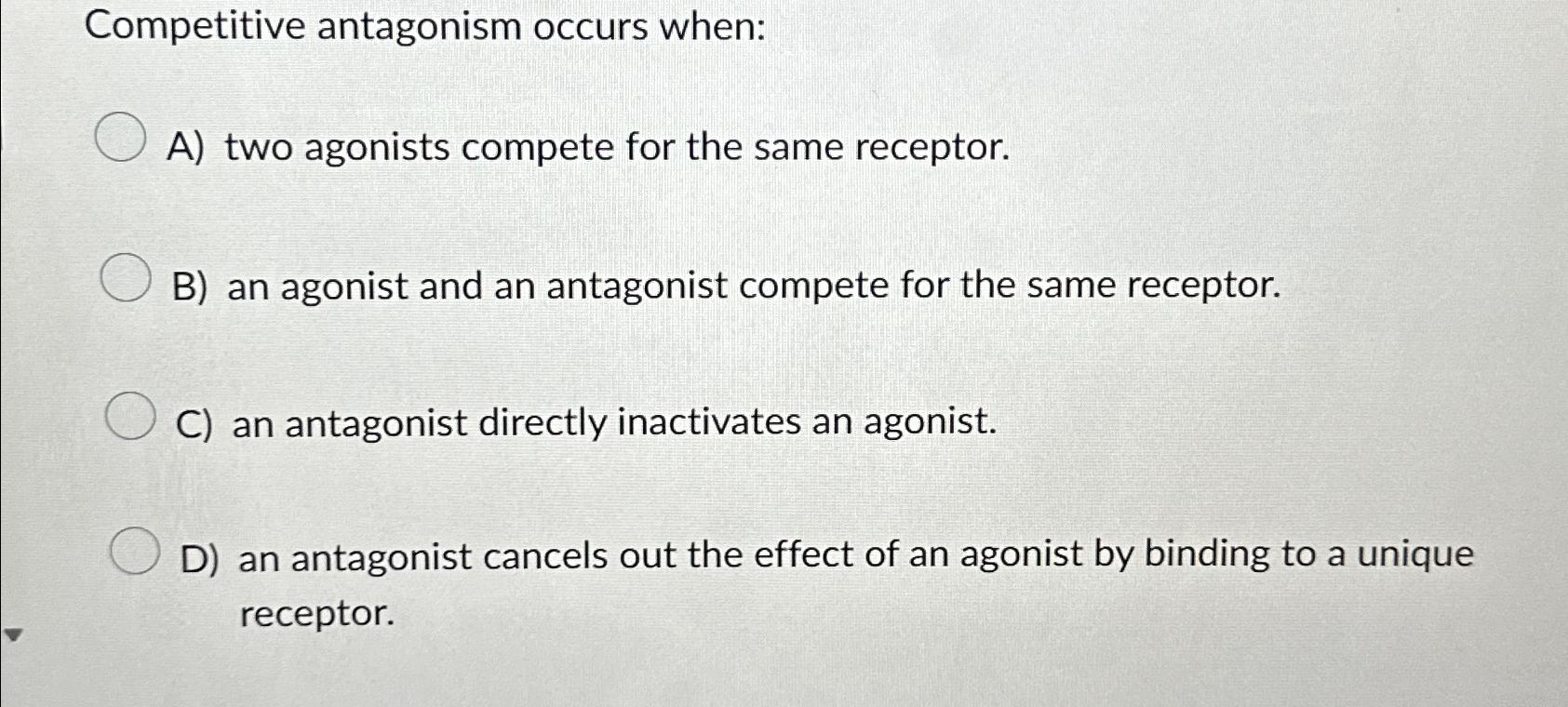 Solved Competitive antagonism occurs when:A) ﻿two agonists | Chegg.com