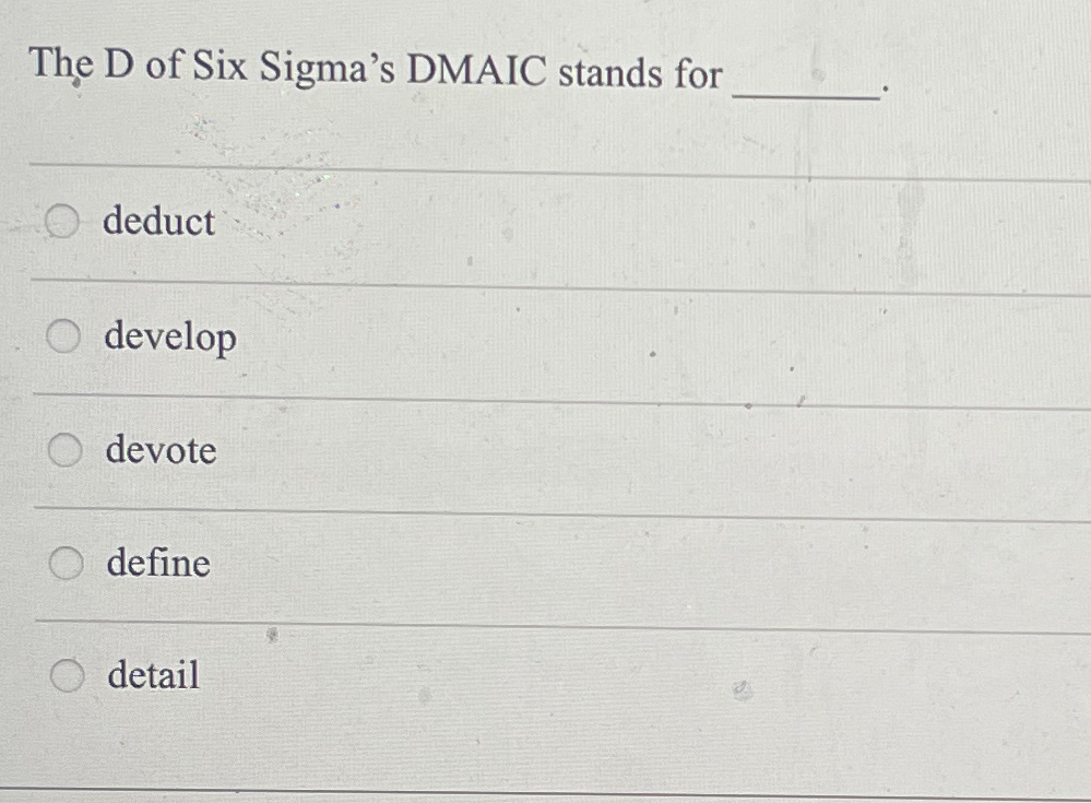 Solved The D of Six Sigma's DMAIC stands | Chegg.com