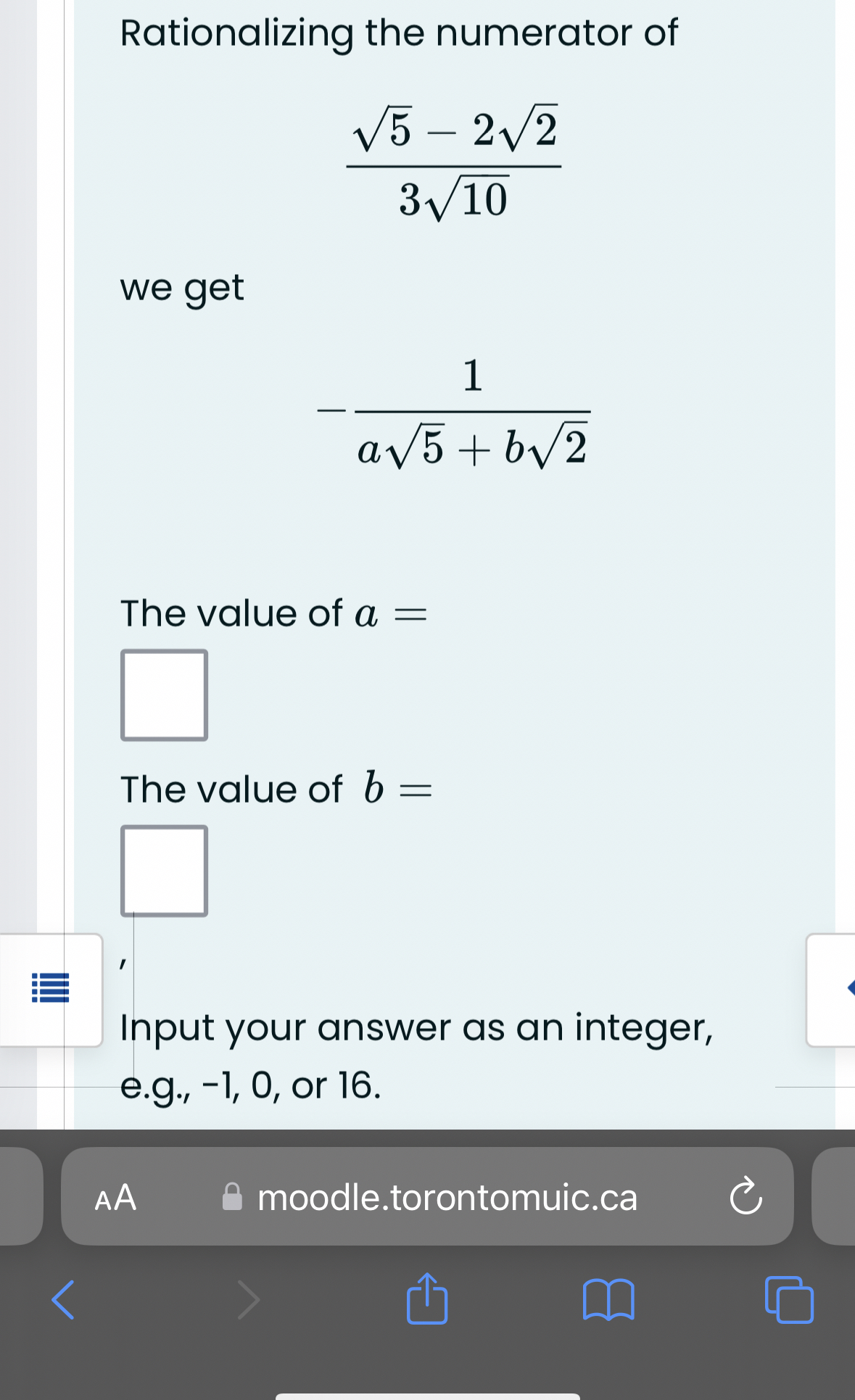 Solved Rationalizing the numerator of 522310we get 1a5+b2The | Chegg.com