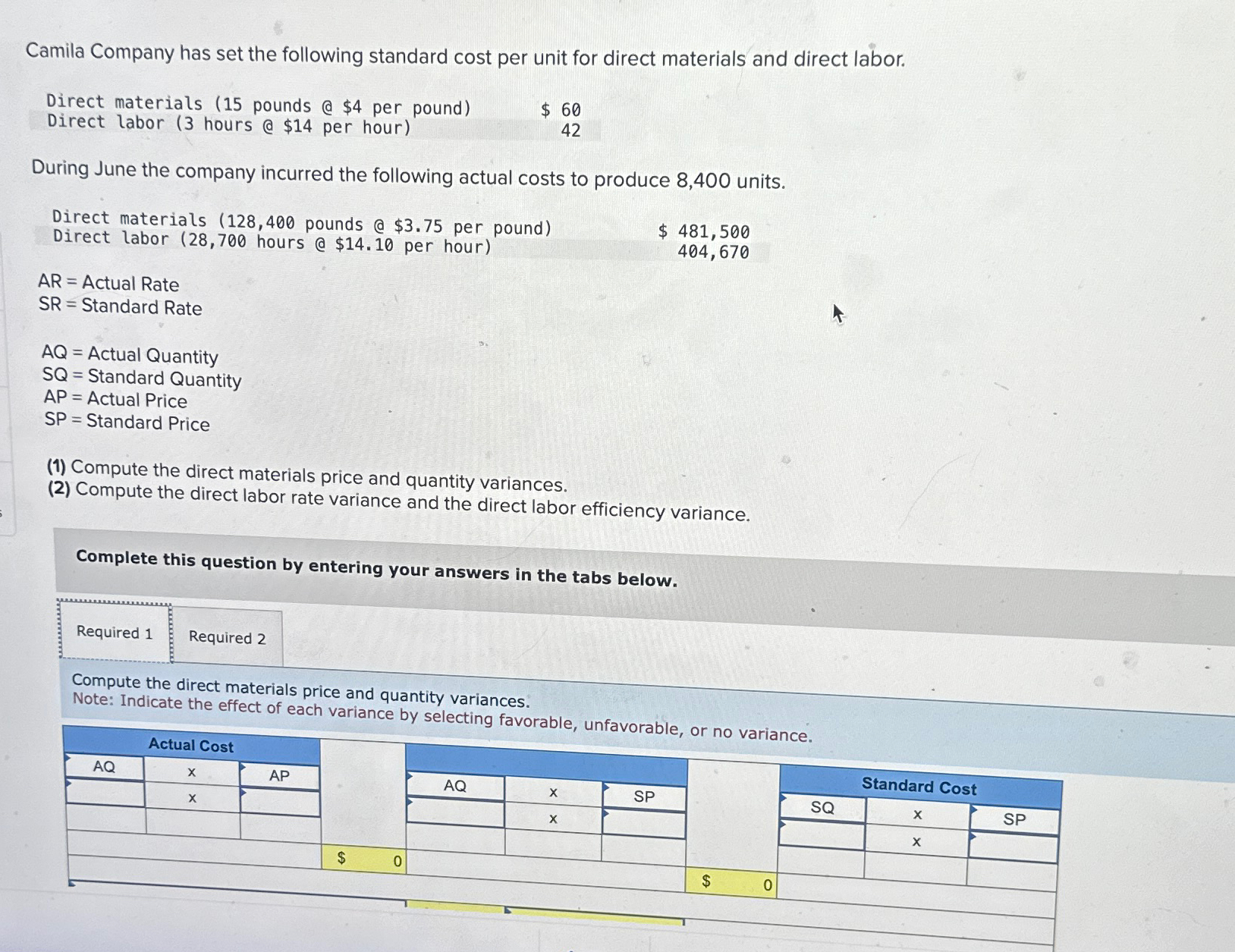 Solved Camila Company has set the following standard cost | Chegg.com