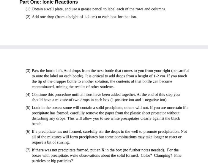 Solved Part One: Ionic Reactions (1) Obtain a well plate, | Chegg.com