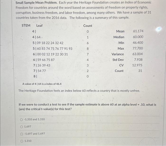 Solved Small Sample Mean Problem. Each year the Heritage | Chegg.com