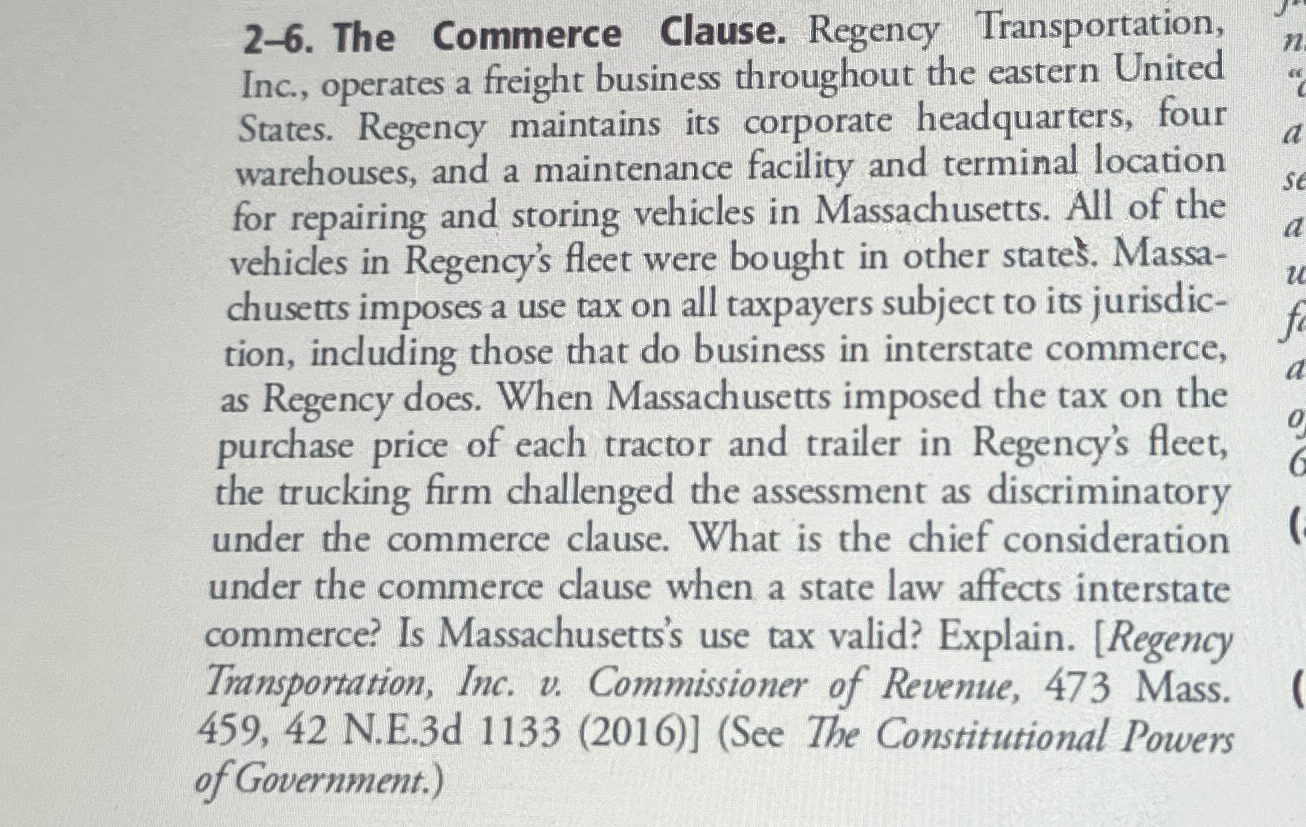 Solved 2-6. ﻿The Commerce Clause. Regency Transportation, | Chegg.com