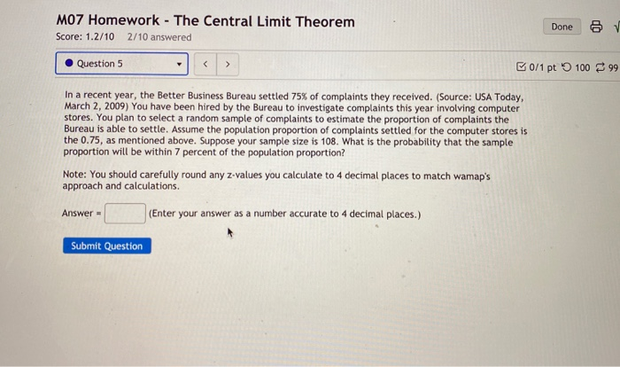 Solved MO7 Homework - The Central Limit Theorem Score: | Chegg.com