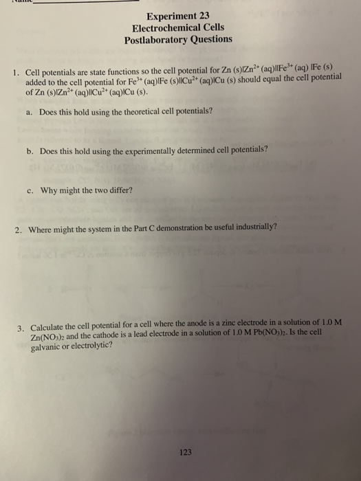 Solved Experiment 23 Electrochemical Cells Postlaboratory | Chegg.com