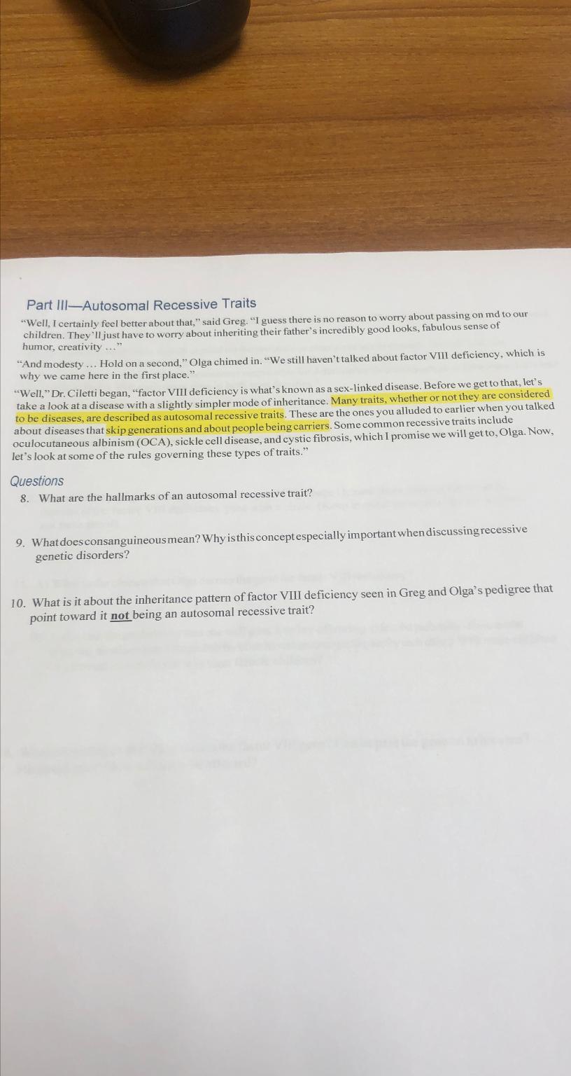 Solved Part III—Autosomal Recessive Traits"Well, I certainly | Chegg.com