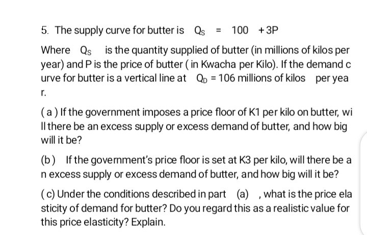 Solved 5. The supply curve for butter is Qs = 100 + 3P Where | Chegg.com