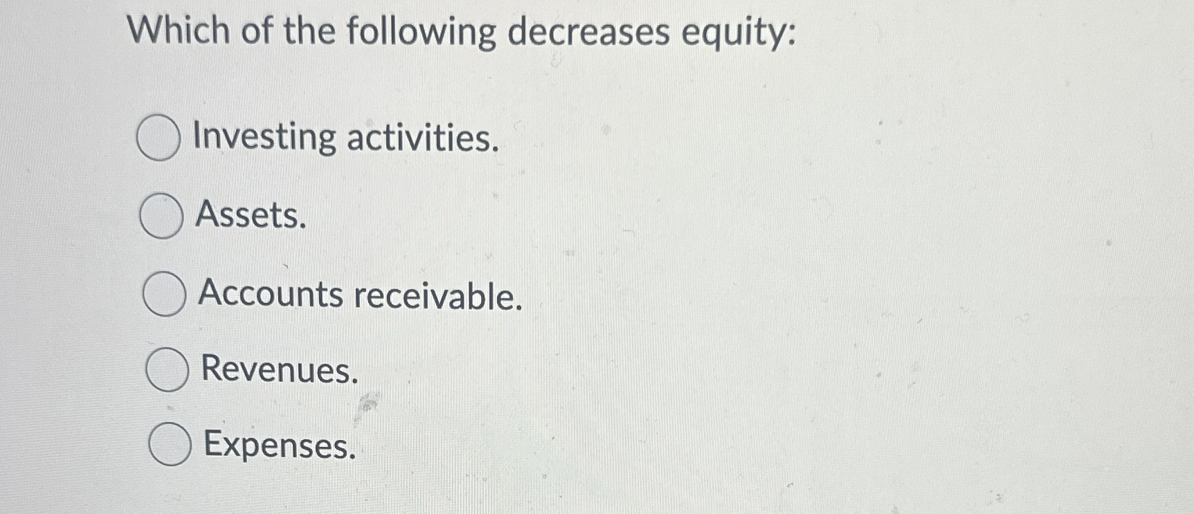 Solved Which of the following decreases equity:Investing | Chegg.com