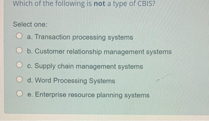 Solved Which of the following is not a type of CBIS? Select | Chegg.com