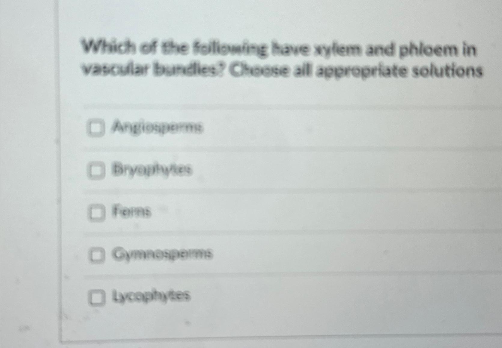 Solved Which of the following have xylem and phloem in | Chegg.com