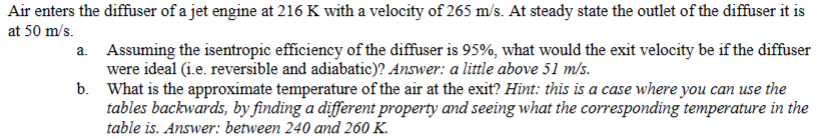 Solved Air enters the diffuser of a jet engine at 216K ﻿with | Chegg.com