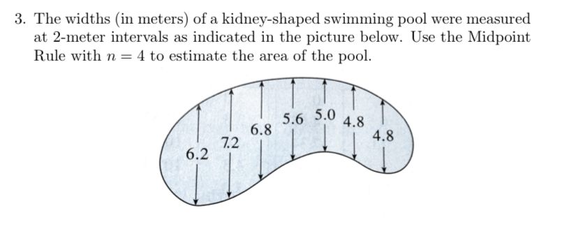Solved The widths (in meters) ﻿of a kidney-shaped swimming | Chegg.com