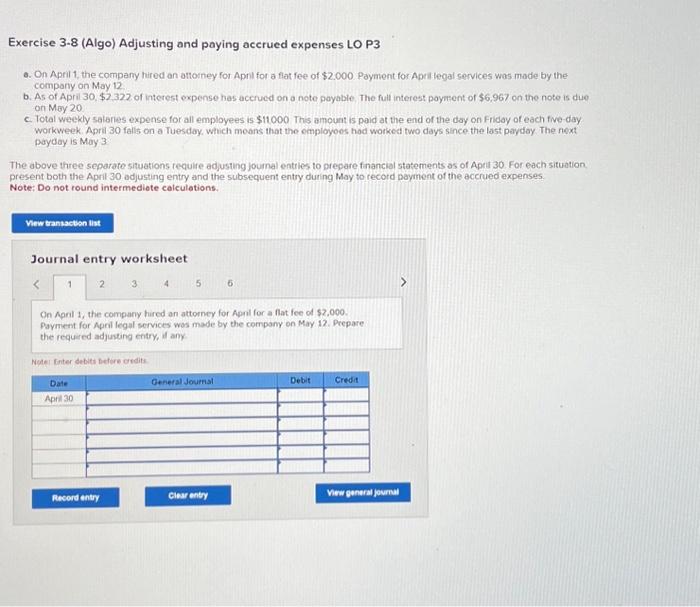 Solved Exercise 3-8 (Algo) Adjusting and paying accrued | Chegg.com
