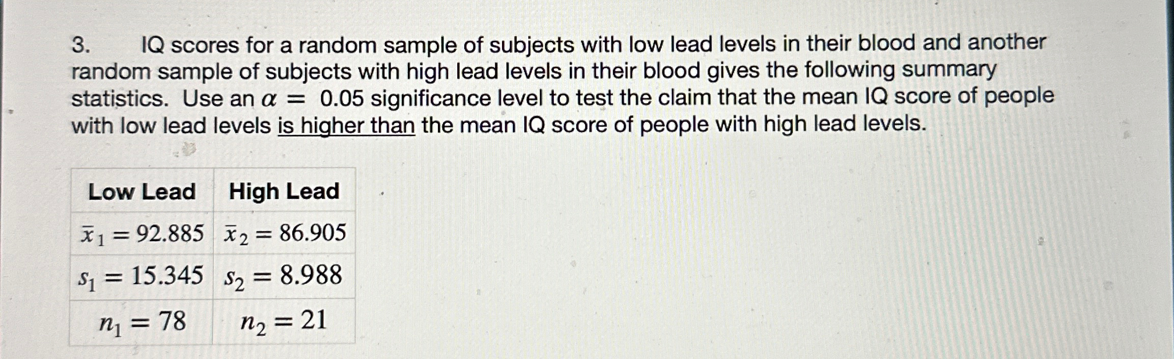 Solved IQ scores for a random sample of subjects with low | Chegg.com
