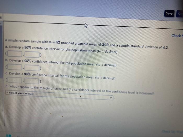 Solved A simple random sample with n=52 provided a sample | Chegg.com