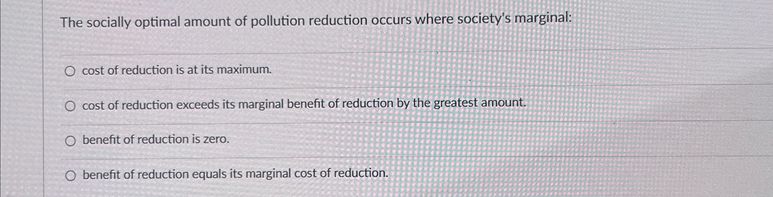 Solved The socially optimal amount of pollution reduction | Chegg.com