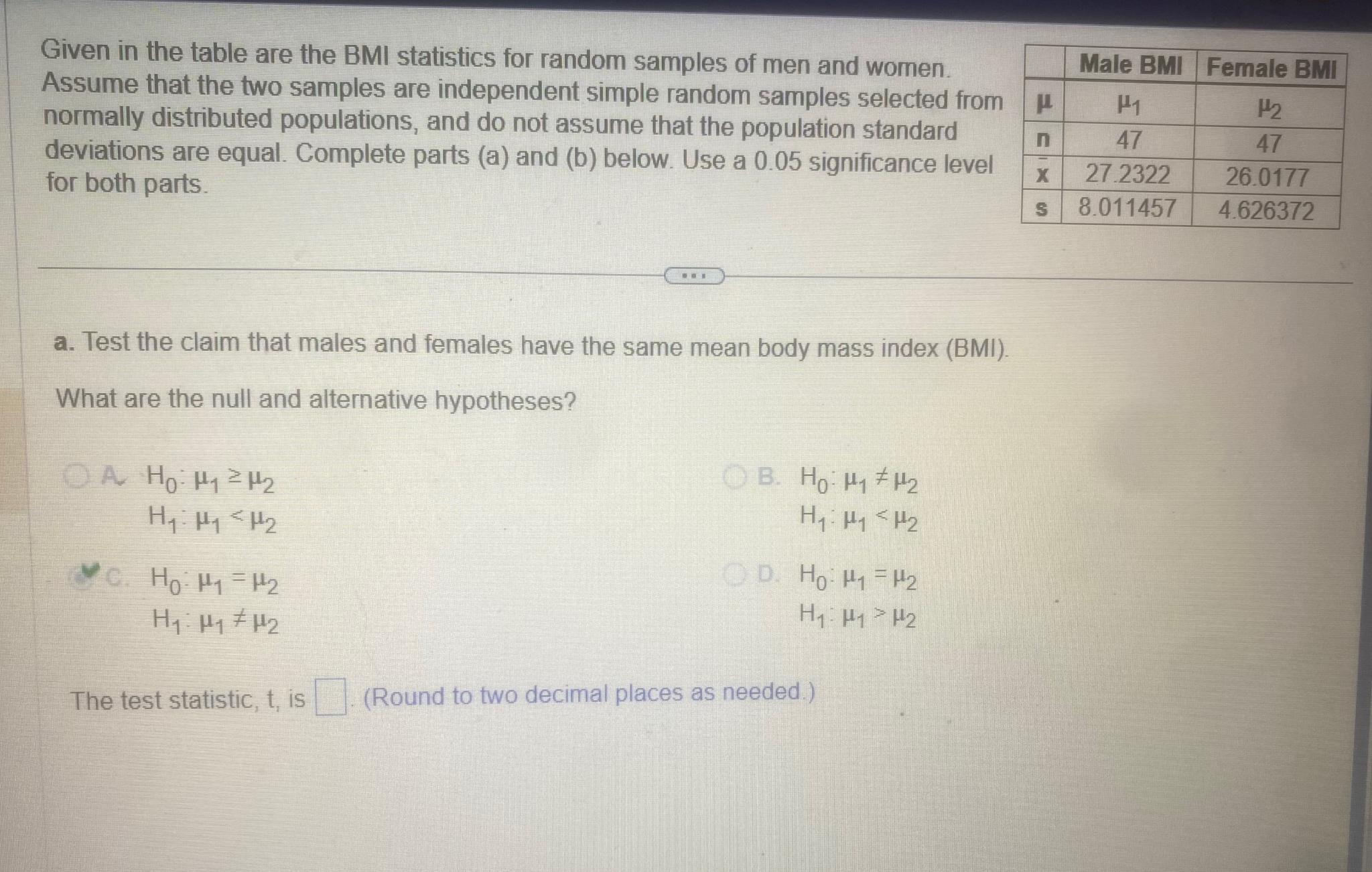 Solved Given in the table are the BMI statistics for random | Chegg.com