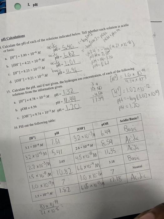 Solved the pH of each of the solutions indicated below. Tell | Chegg.com