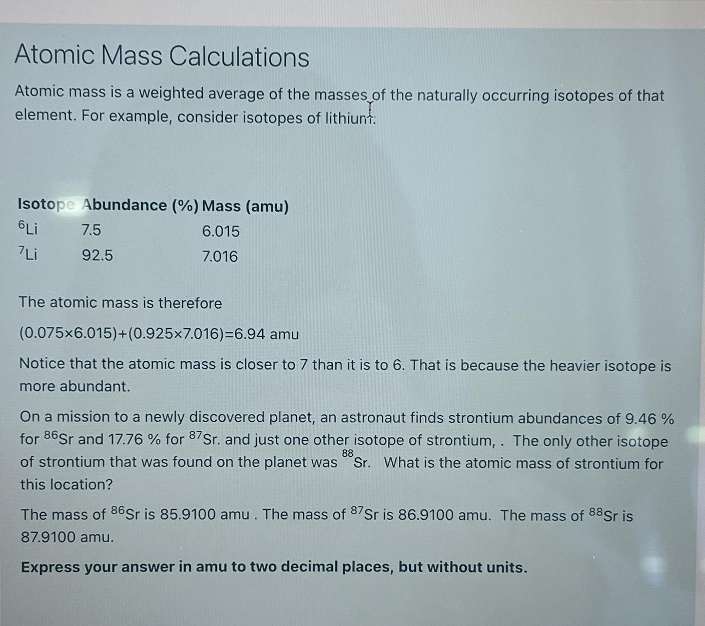 Solved Atomic Mass CalculationsAtomic mass is a weighted | Chegg.com