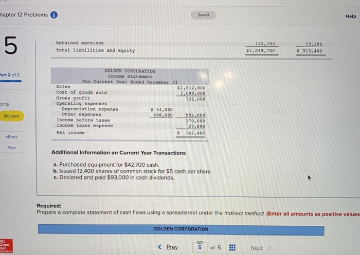 Solved Chec Golden Corp's current year income statement, | Chegg.com