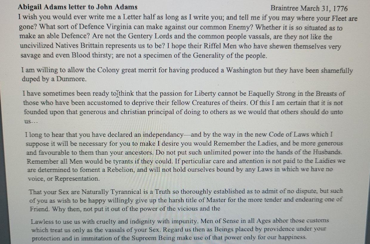 Abigail Adams letter to John Adams Braintree March | Chegg.com