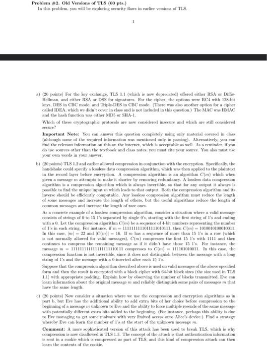 Solved Problem \#2. Old Versions of TLS (60 pts.) In this | Chegg.com