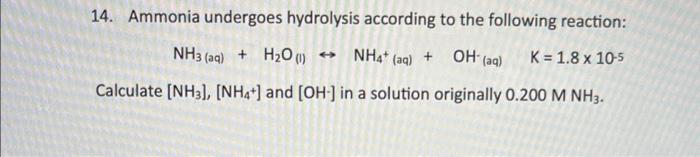 Solved 14. Ammonia undergoes hydrolysis according to the | Chegg.com