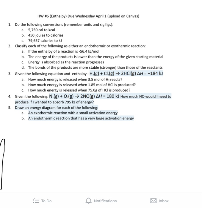 Solved HW #6 (Enthalpy) Due Wednesday April 1 (upload on | Chegg.com