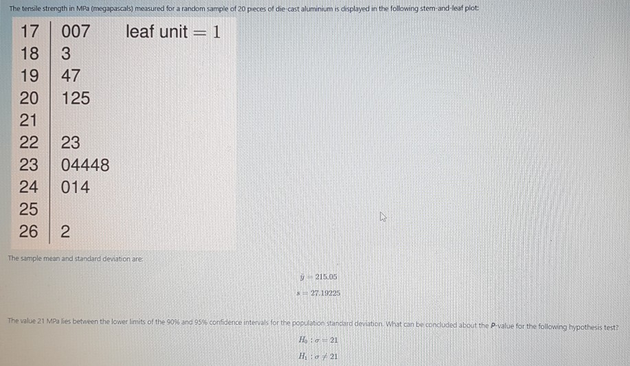 Solved The tensile strength in MPa (megapascals) measured | Chegg.com
