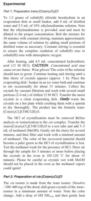 Solved Experimental Part 1: Preparation trans −COCo(Cn2Cl2Cl | Chegg.com