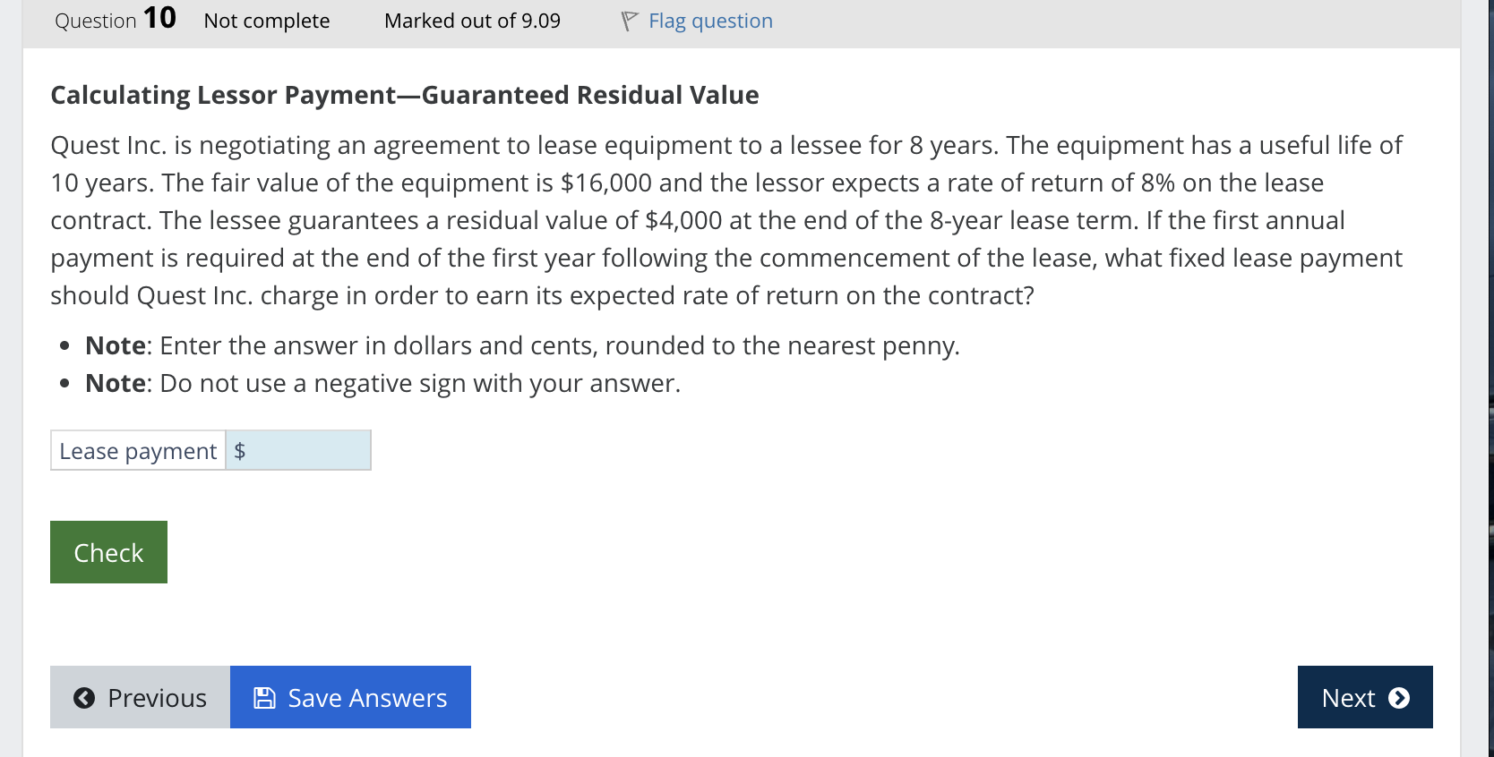 Solved Calculating Lessor Payment-Guaranteed Residual Value | Chegg.com
