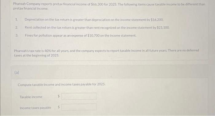 Solved Pharoah Company reports pretax financial income of | Chegg.com