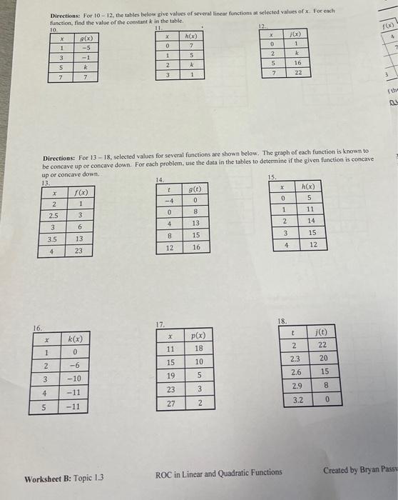Solved Directions: For 10−12, the tables below give valucs | Chegg.com