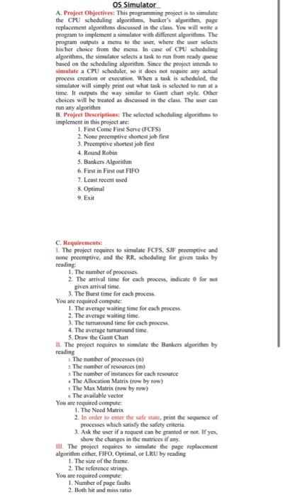 Solved OS Simulator A. Preject Objectivest This programming | Chegg.com