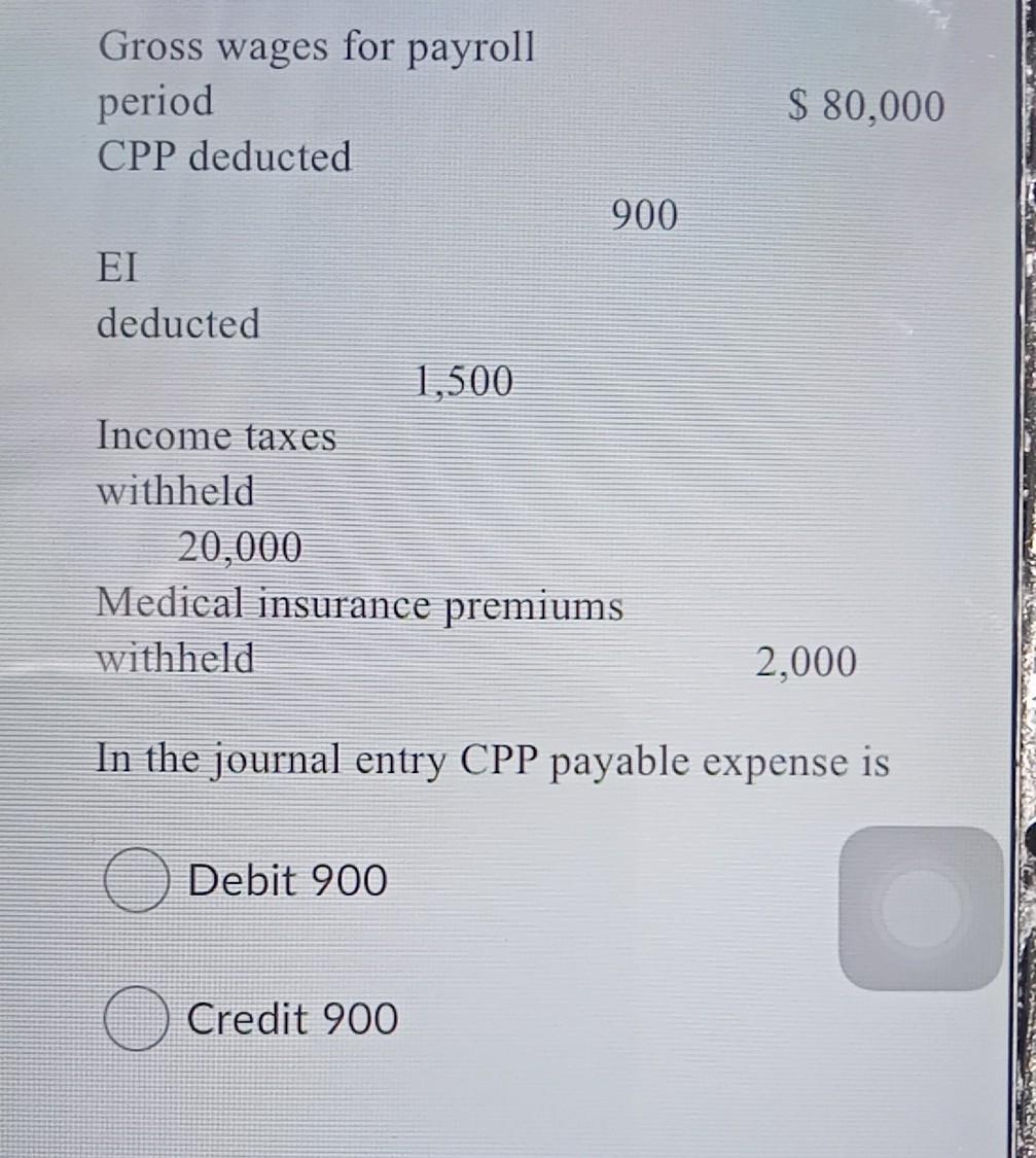 Solved $ 80.000 Gross wages for payroll period CPP deducted | Chegg.com