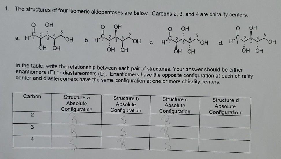 Solved 1 The Structures Of Four Isomeric Aldopentoses Are