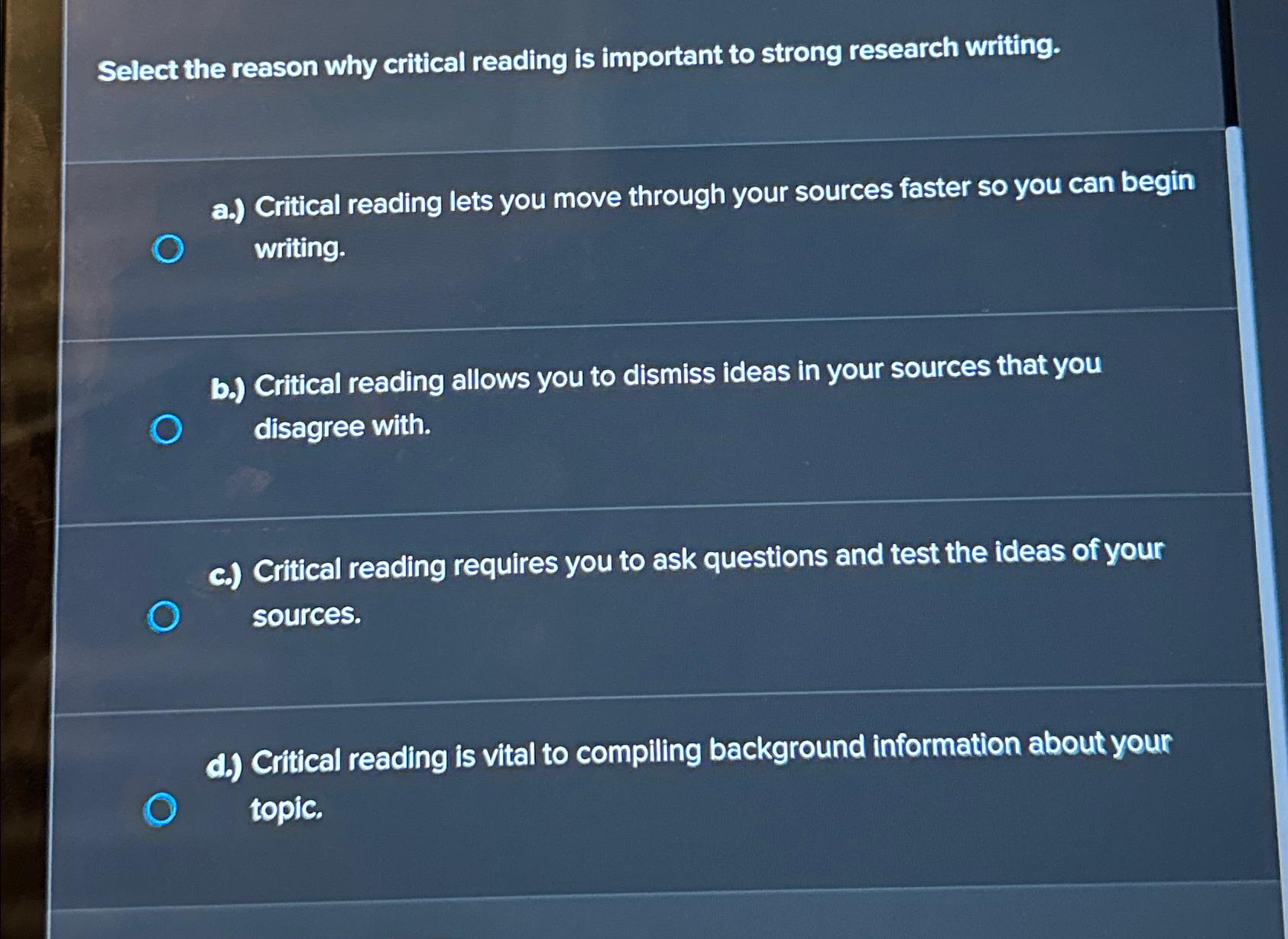 Solved Select the reason why critical reading is important | Chegg.com