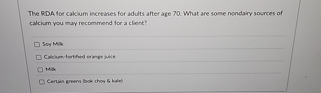 Solved The RDA for calcium increases for adults after age | Chegg.com