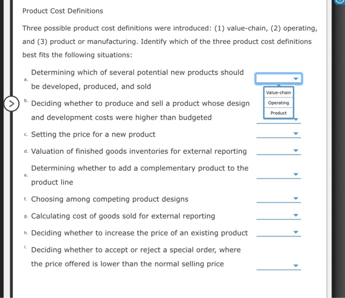 Solved Product Cost Definitions Three possible product cost | Chegg.com