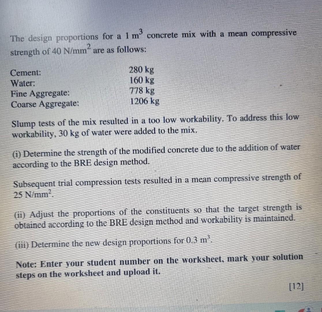 The design proportions for a 1 m3 concrete mix with a | Chegg.com