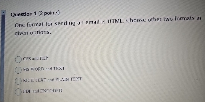Solved Question 1 (2 ﻿points)One format for sending an email | Chegg.com