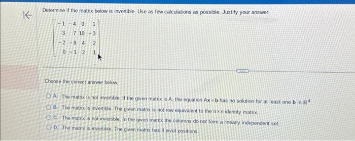 Solved Determine if the matrix below is invertible. Use as | Chegg.com